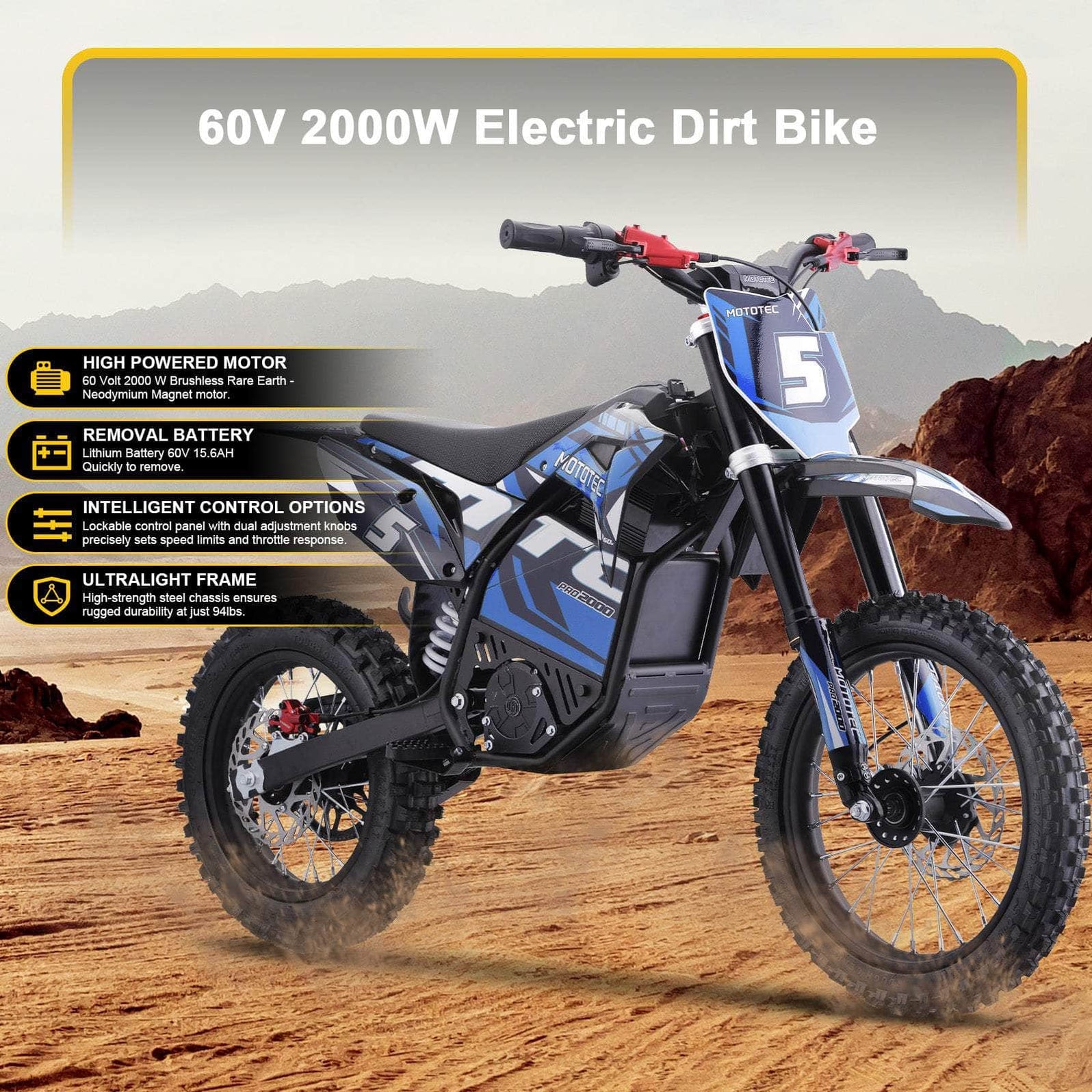 Mototec 60V Pro Electric Dirt Bike 2000W Lithium (HP115E)- 100% Financ ...